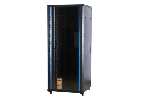Рэковая стойка Wize Pro [W27U100R] 19”, 27U, 600х1000 мм, стеклянная передняя дверь, задняя дверь - металл, вент. панель 2 вентилятора, колеса, рэковые гайки: 20 шт, макс. вес нагрузки 800 кг, сталь, черный (3 места)
