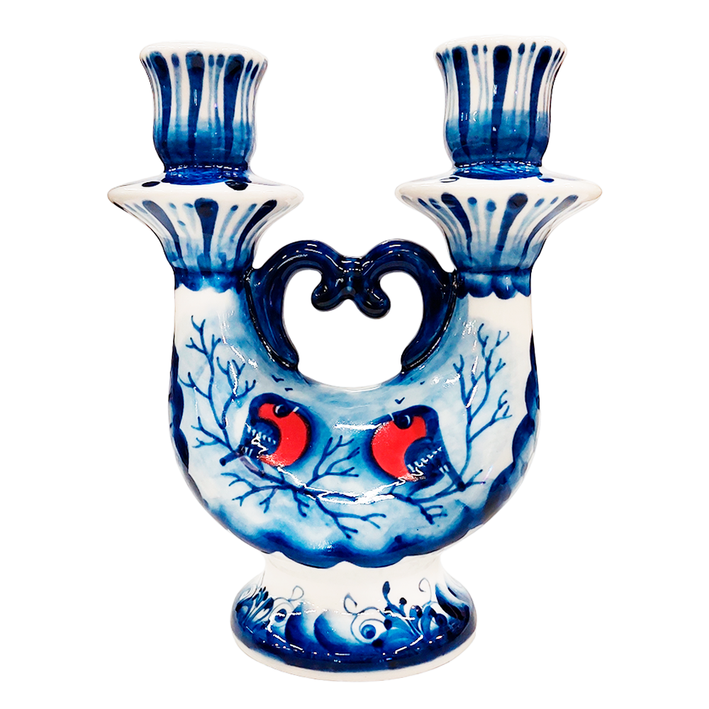 Фарфоровый двухрожковый подсвечник, ручной работы "Вечер", гжель со снегирями