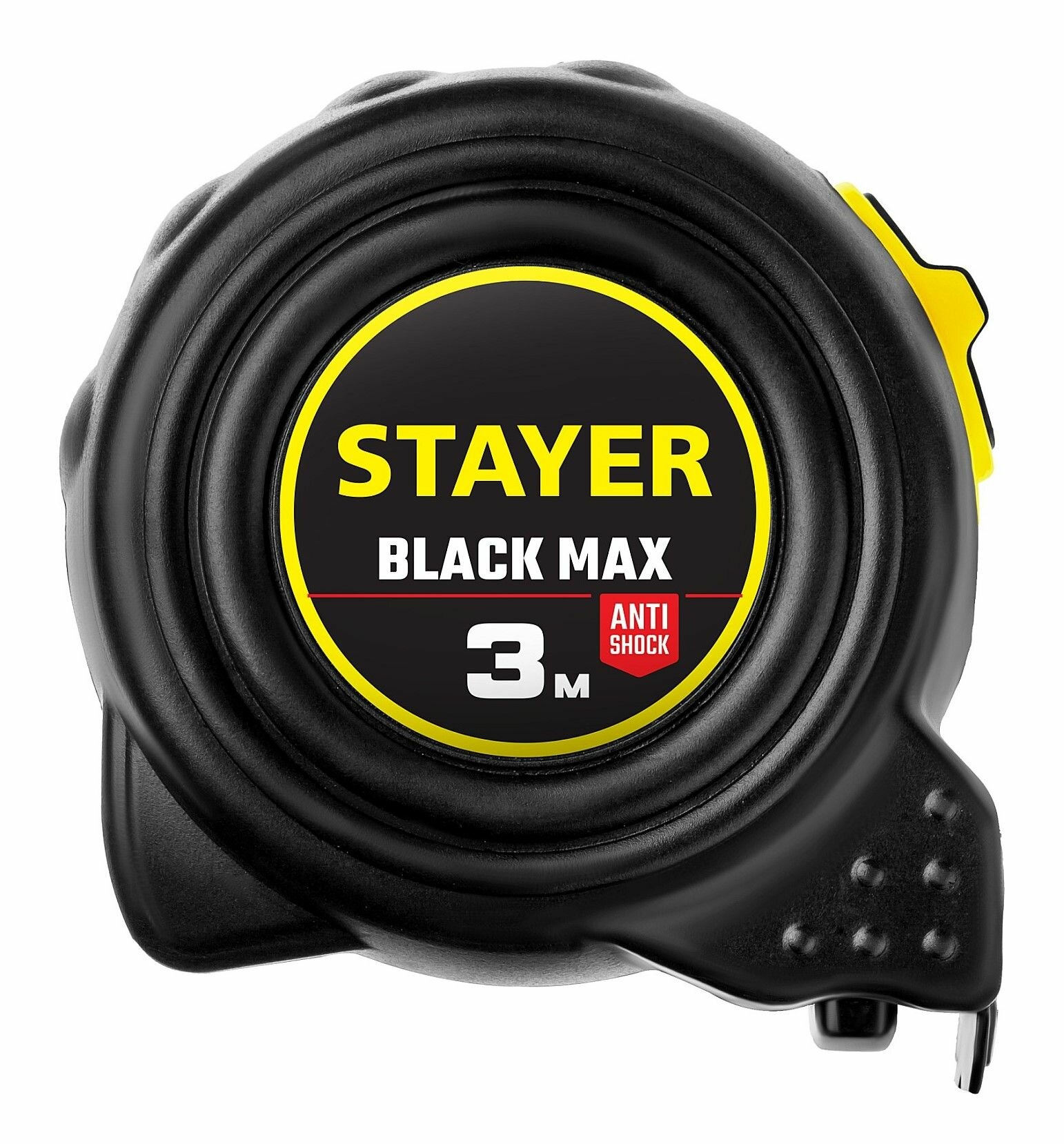 Рулетка STAYER BlackMax в ударостойком полностью обрезиненном корпусе и двумя фиксаторами 3м/16 мм.