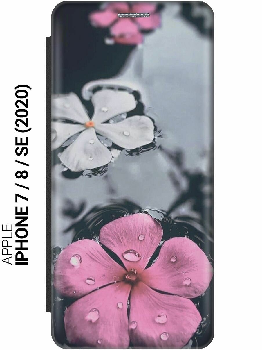 Чехол-книжка на Apple iPhone SE (2022) / SE (2020) / 8 / 7 / Эпл Айфон СЕ 2022 / СЕ 2020 / 8 / 7 с рисунком "Фиалки в воде" черный