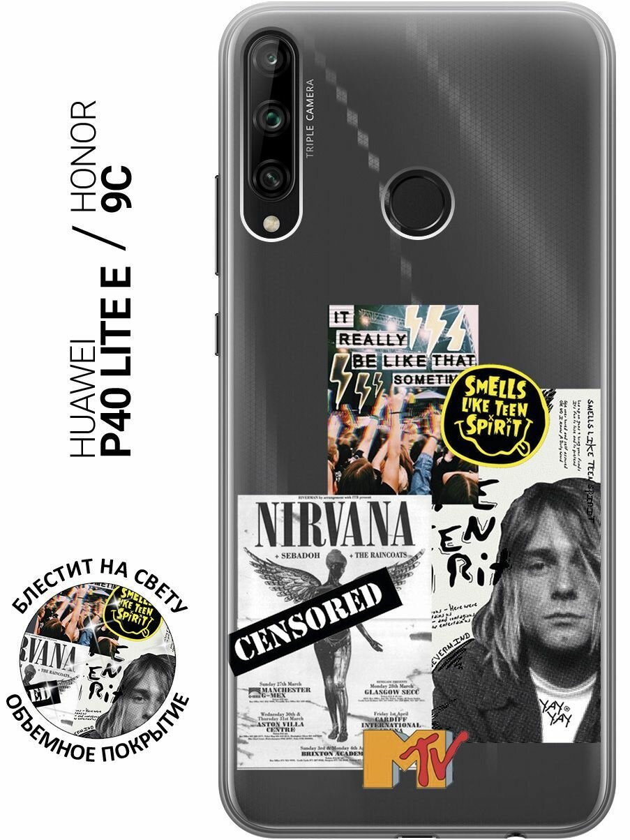 Силиконовый чехол на Honor 9C, Huawei P40 Lite E, Хуавей П40 Лайт Е, Хонор 9С с 3D принтом "Nirvana" прозрачный