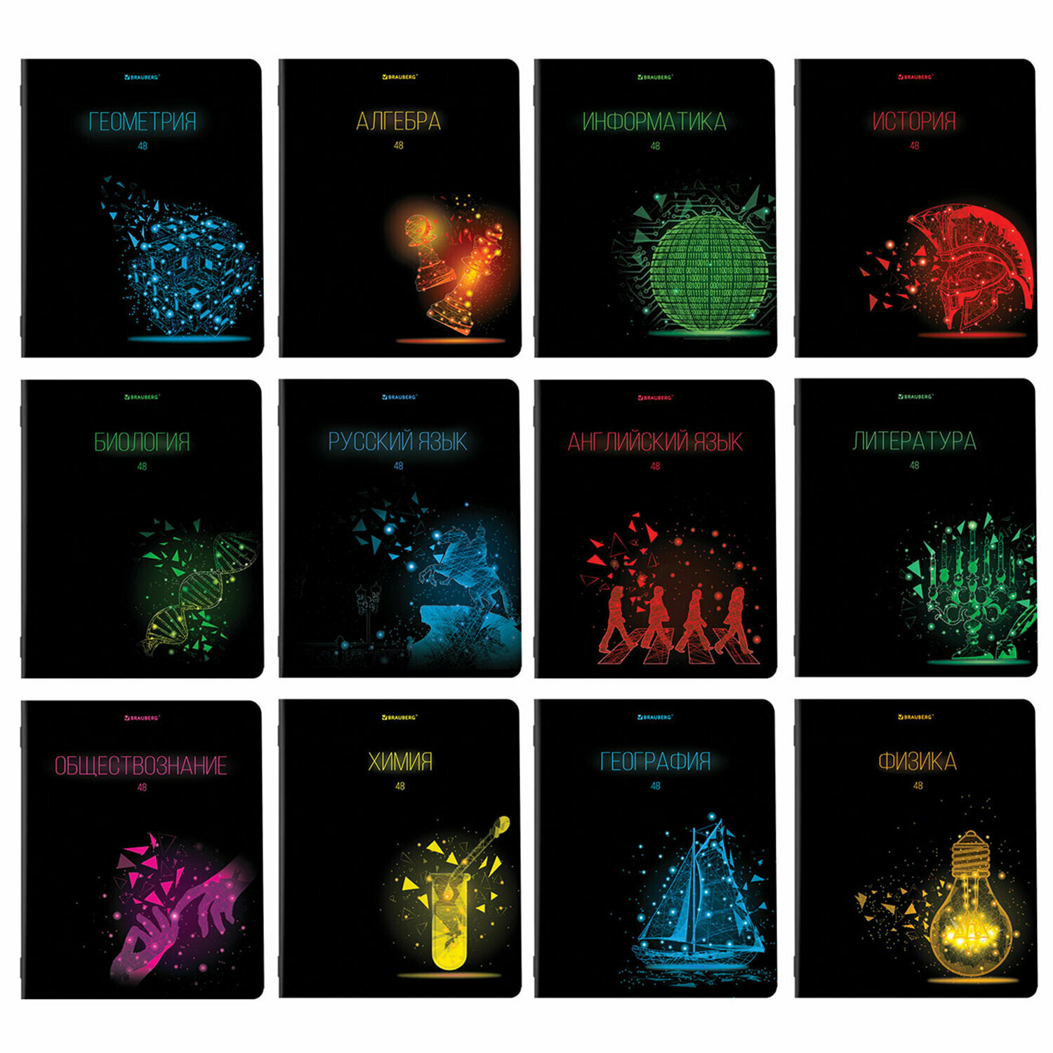 Тетради предметные, комплект 12 предметов, 48 листов, глянцевый УФ-лак, BRAUBERG, "DARK", 404028
