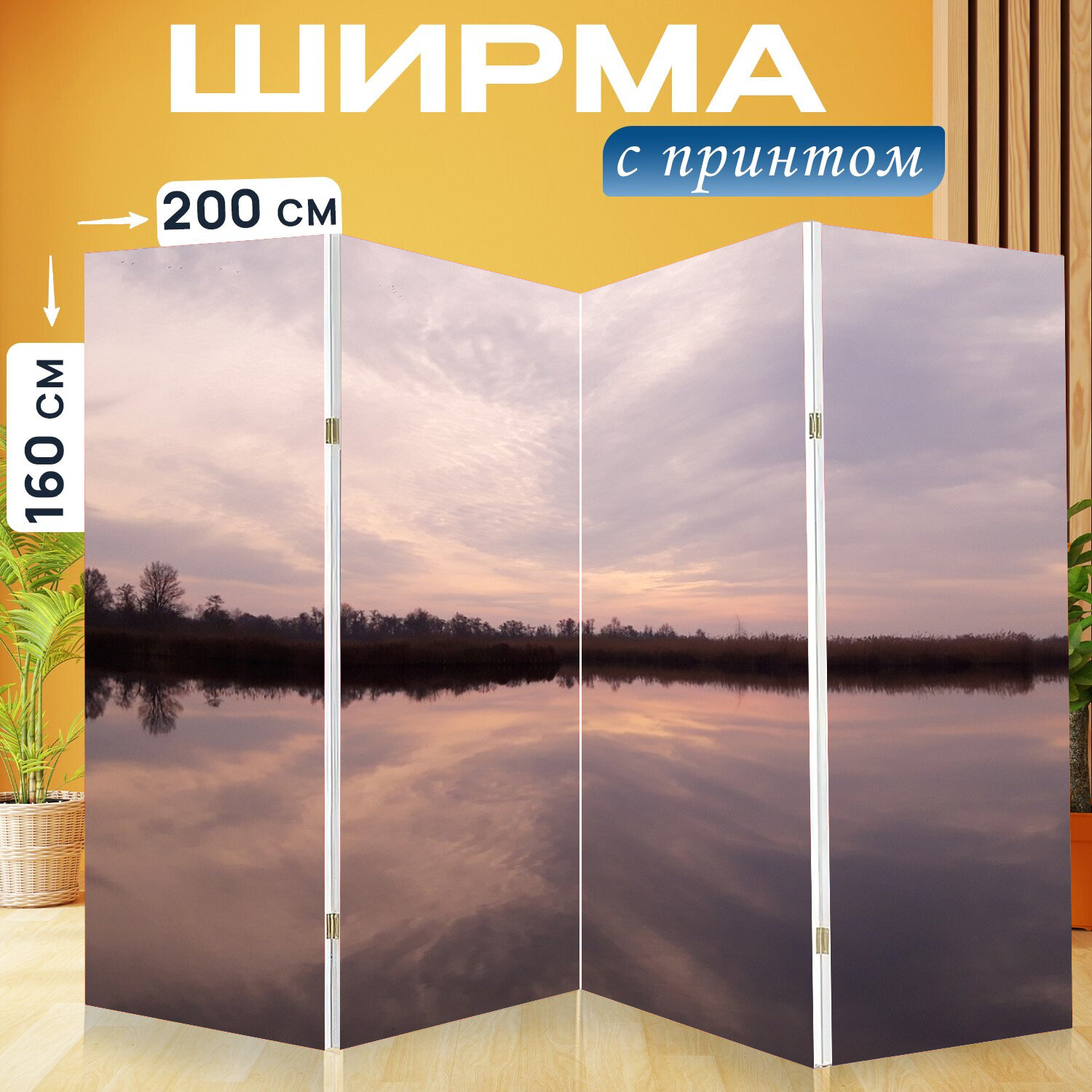 Ширма перегородка с принтом "Зеркало, воды, зеркальное отображение" на холсте - 200x160 см. для зонирования, раскладная