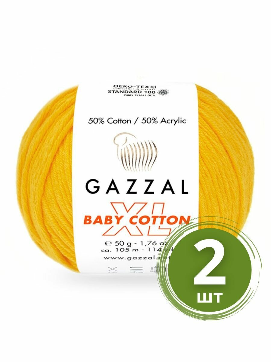 Пряжа Gazzal Baby Cotton XL (Беби Коттон XL) - 2 мотка Цвет: 3417 Жёлтый 50% хлопок, 50% акрил, 50 г 105 м