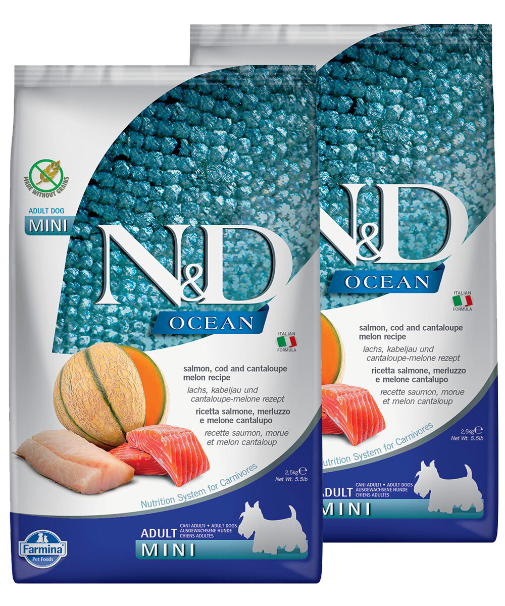 FARMINA DOG N&D OCEAN ADULT MINI SALMON, COD&CANTALOUPE MELON беззерновой для взрослых собак маленьких пород с лососем, треской и дыней (0,8 + 0,8 кг)