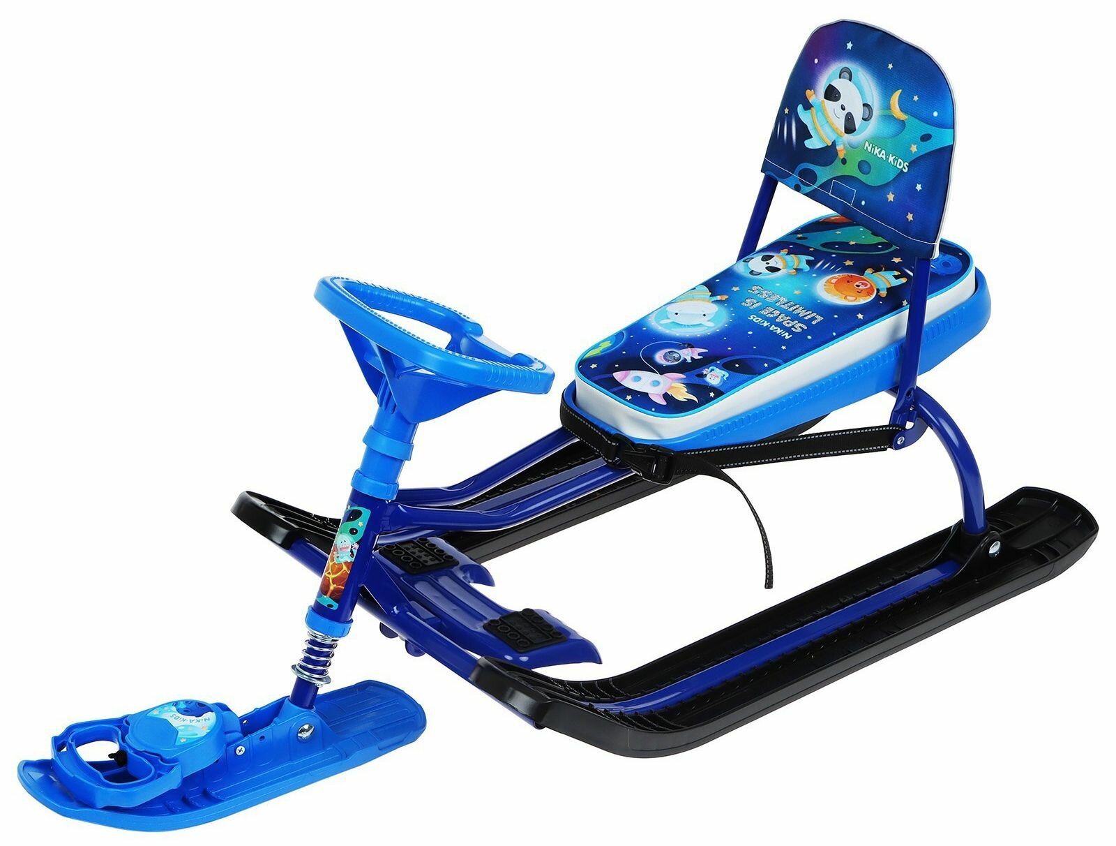 Детский снегокат "Тимка спорт 4-1", ТС4-1М/К, зимние снежные санки с мягким сиденьем и складной спинкой, авторуль и буксировочный трос, со спинкой и ремнём безопасности, цвет чёрный/синий