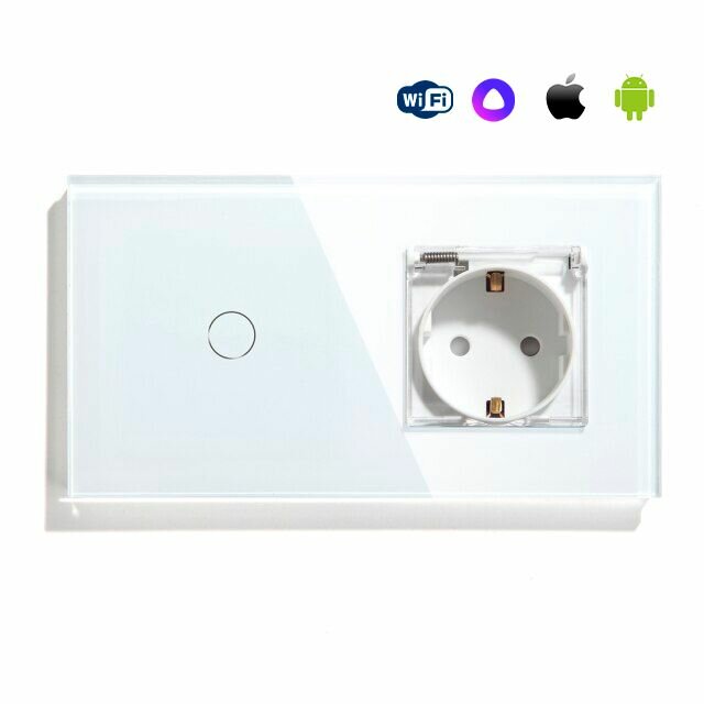 Сенсорный выключатель одноклавишный с розеткой MVAVA Wi-Fi, умный, с Алисой, для умного дома, влагозащищённая, с подсветкой, стекло, с заземлением, белый