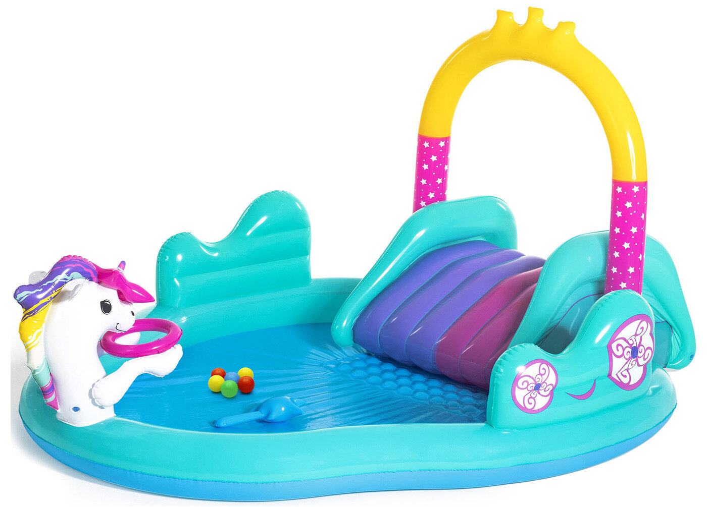 Детский надувной игровой центр Bestway "Волшебный единорог", бассейн с водной горкой и распылителем воды, игровой комплекс с кольцом и мячами для купания и плавания, 274х198х137 см