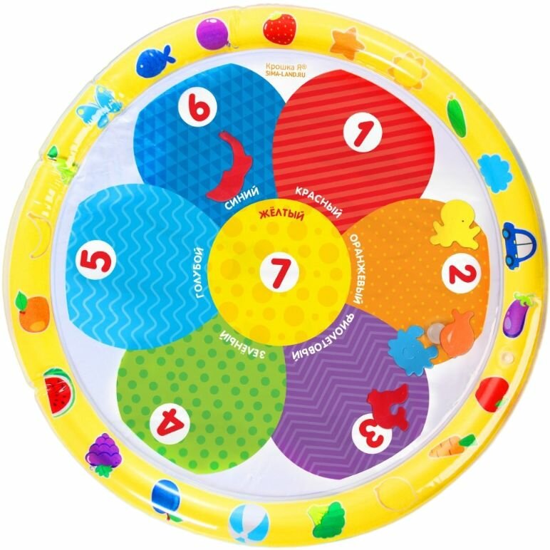 Акваковрик "Цветик" круглый, для малышей, детский надувной водный (водяной) коврик с мягкими фигурками и яркими изображениями, для развития зрительных навыков и мелкой моторики, 65x65 см