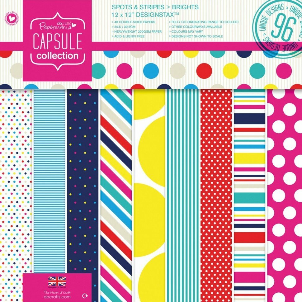 #PMA160204 Набор двухсторонней бумаги для скрапбукинга Spots & Stripes Brights 30.5 х 30.5 см Docrafts 48 листов