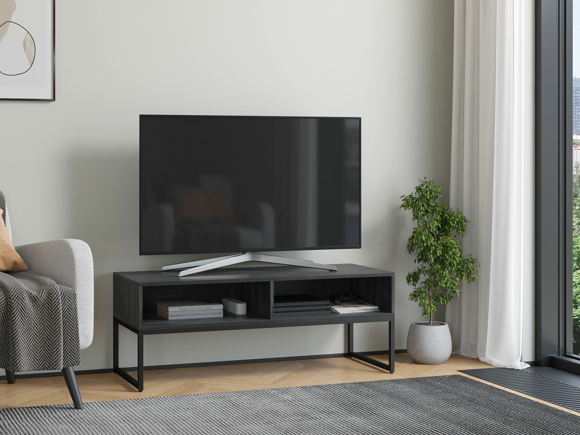 Тумба ТВ Айсберг Лофт 120 открытая Черный/северное дерево темное