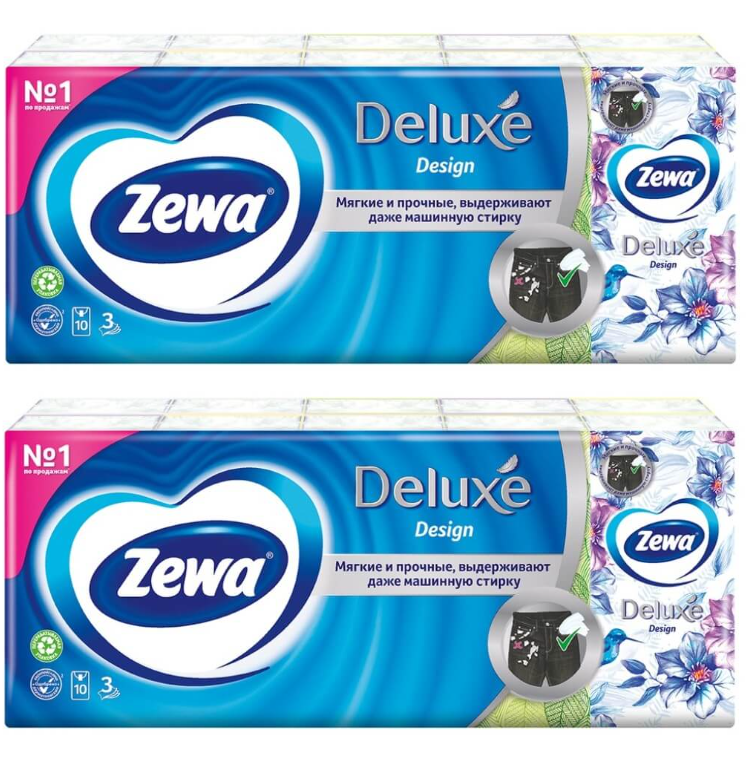 Платочки бумажные носовые Zewa Deluxe, 10х10 шт, 2 уп