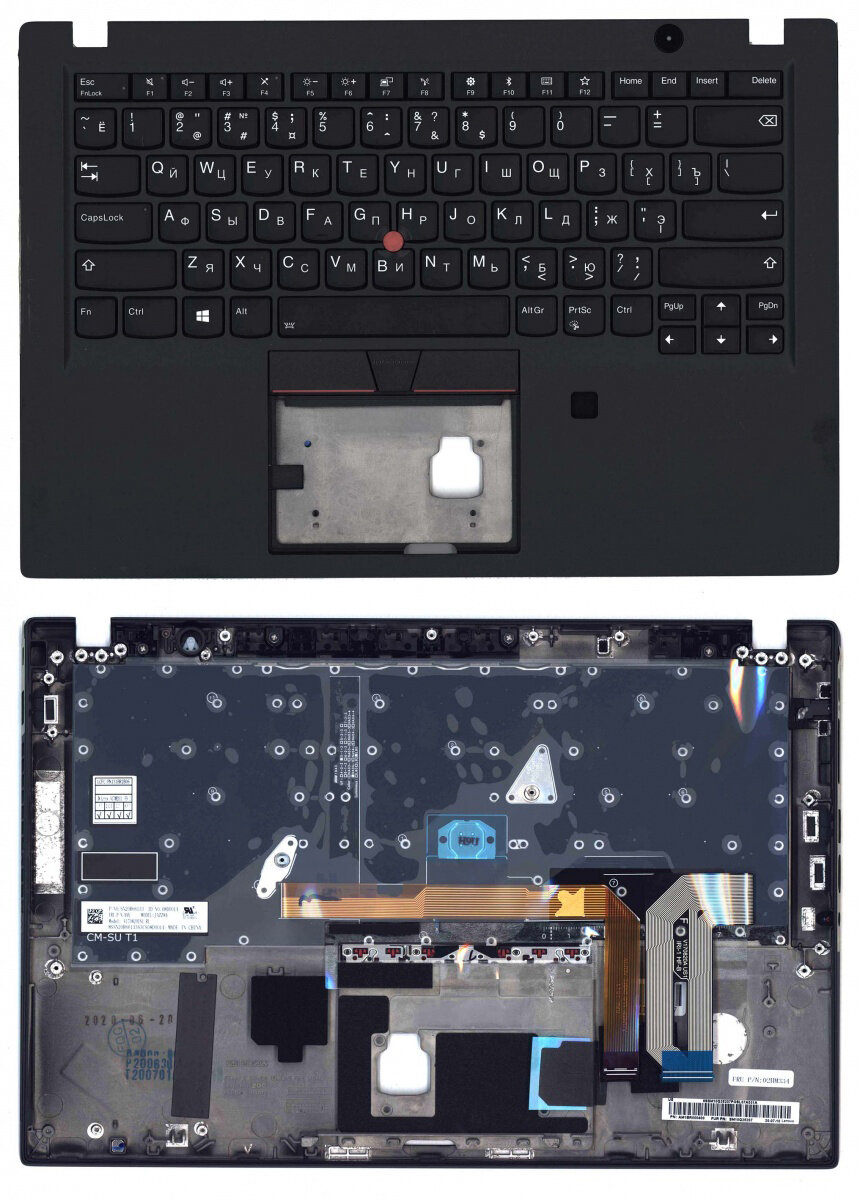 Клавиатура для Lenovo ThinkPad T490s черная с черным топкейсом и подсветкой