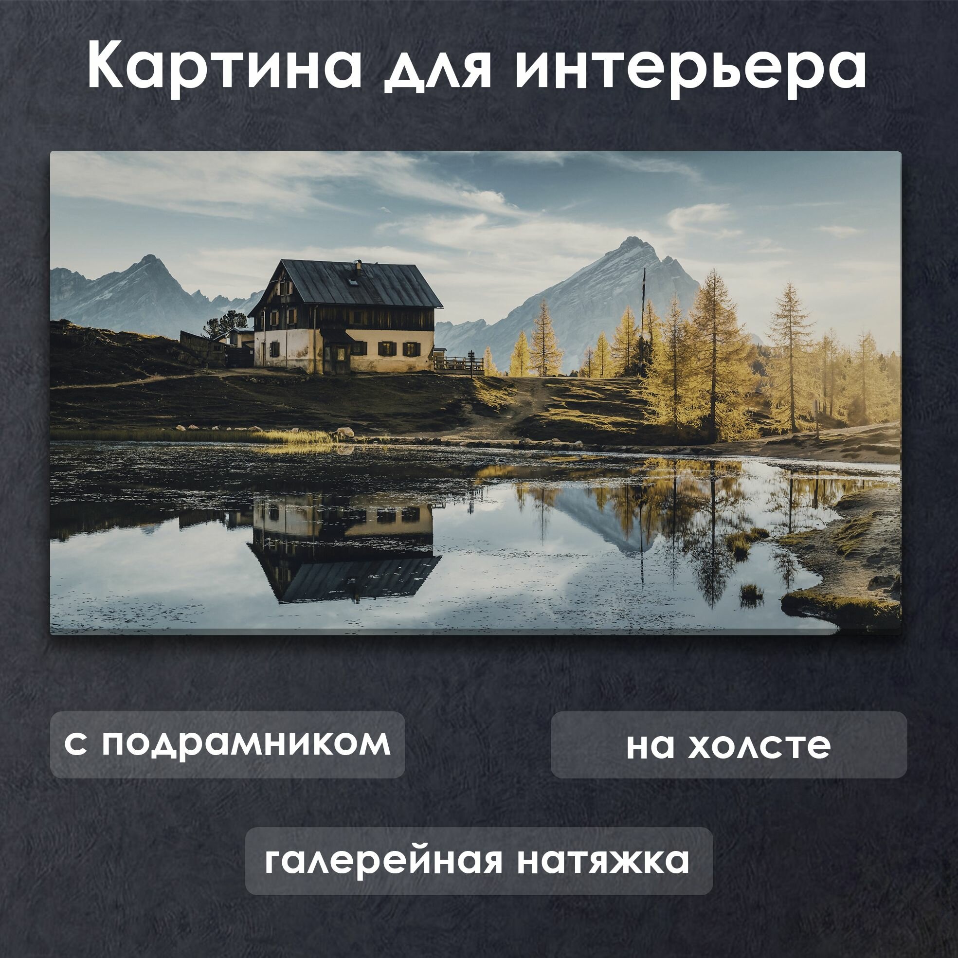 Картина для интерьера с подрамником на холсте на стену Горный дом у реки