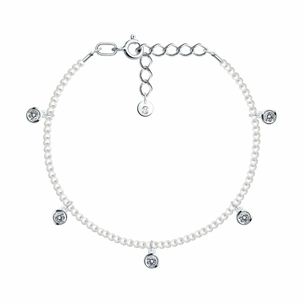 Браслет, серебро, 925 проба, родирование, фианит, жемчуг имитация