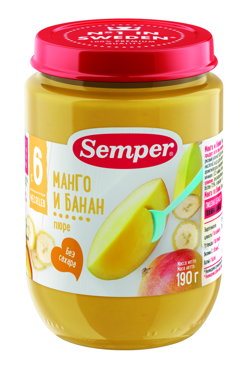 Пюре фруктовое SEMPER Манго, банан, с 6 месяцев, 190г
