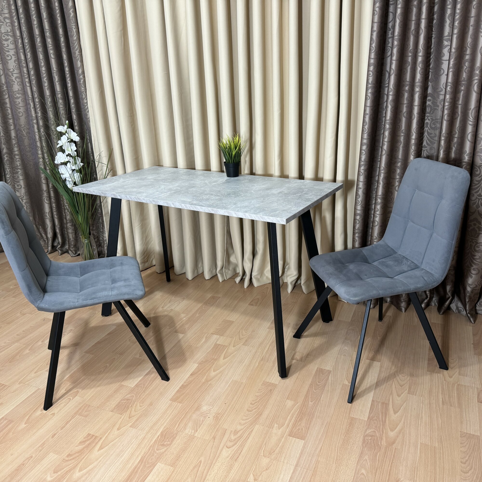 Кухонный стол Ник 120*60 см. Бетон светлый. Черные ножки