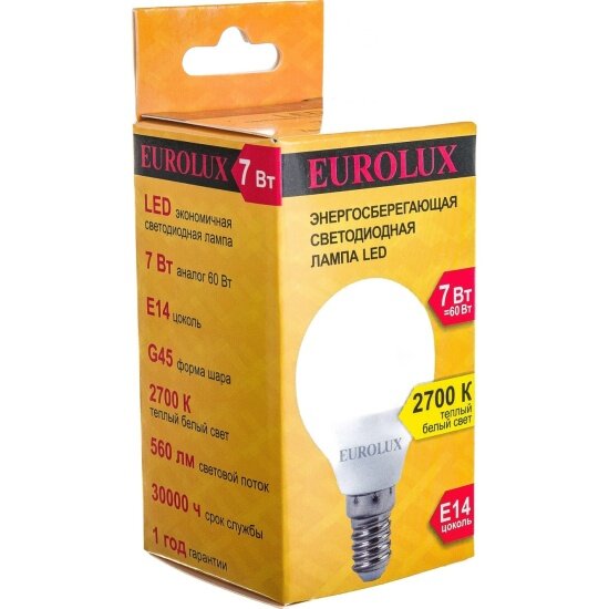 Светодиодная лампа Eurolux LL-E-G45-7W-230-2,7K-E14 (шар, 7Вт, тепл, Е14), 76/2/5