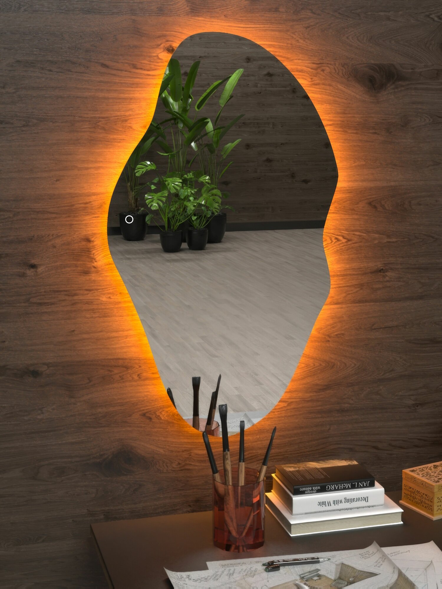 Зеркало настенное неправильной формы с подсветкой 45х77см теплый свет