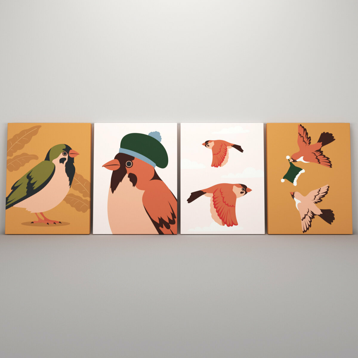 Набор картин на холсте (коллекция интерьерных постеров) квадриптих "Английские воробьи" в кантри стиле, с деревянным подрамником, размер 30х40 см, 4 шт.