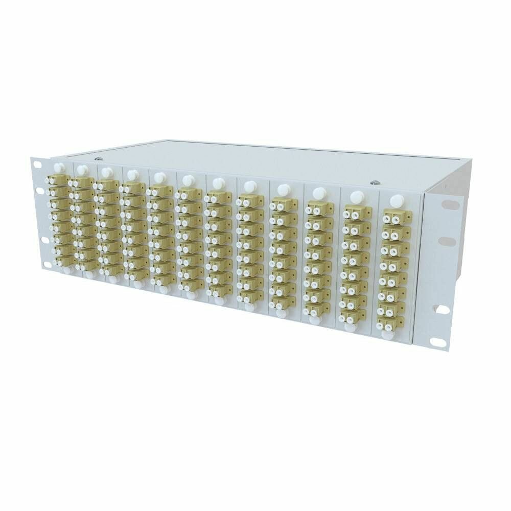 Кросс стоечный оптический VIMCOM 19' укомплектованный 3U, 96 портов LC, 50/125 мкм (планки, сплайс-кассета, пигтейлы, адаптеры, КДЗС), серый.