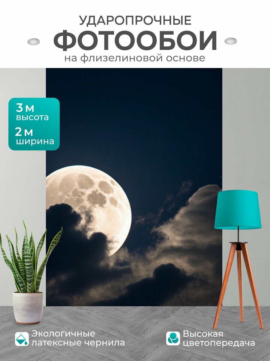Фотообои моющиеся ударопрочные "Ночное небо с пушистыми облаками и яркой луной" 200x300 см. флизелиновые на стену