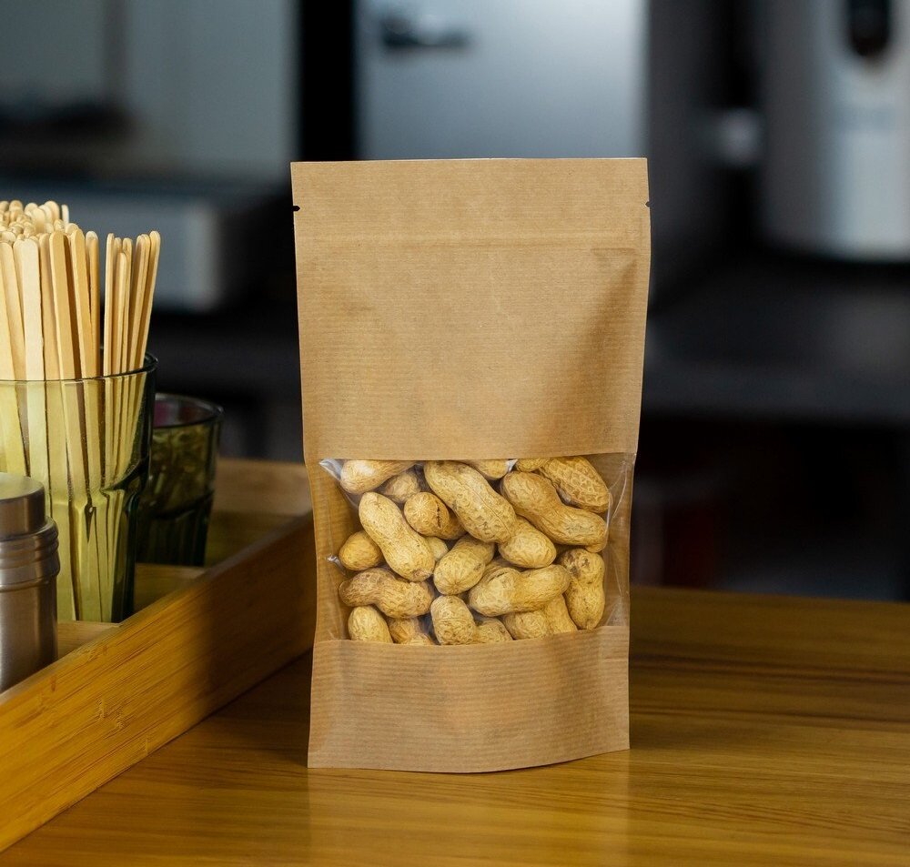 Пакет дой-пак бумажный крафт с окошком, размер 140х210, с замком зип-лок, 50шт.