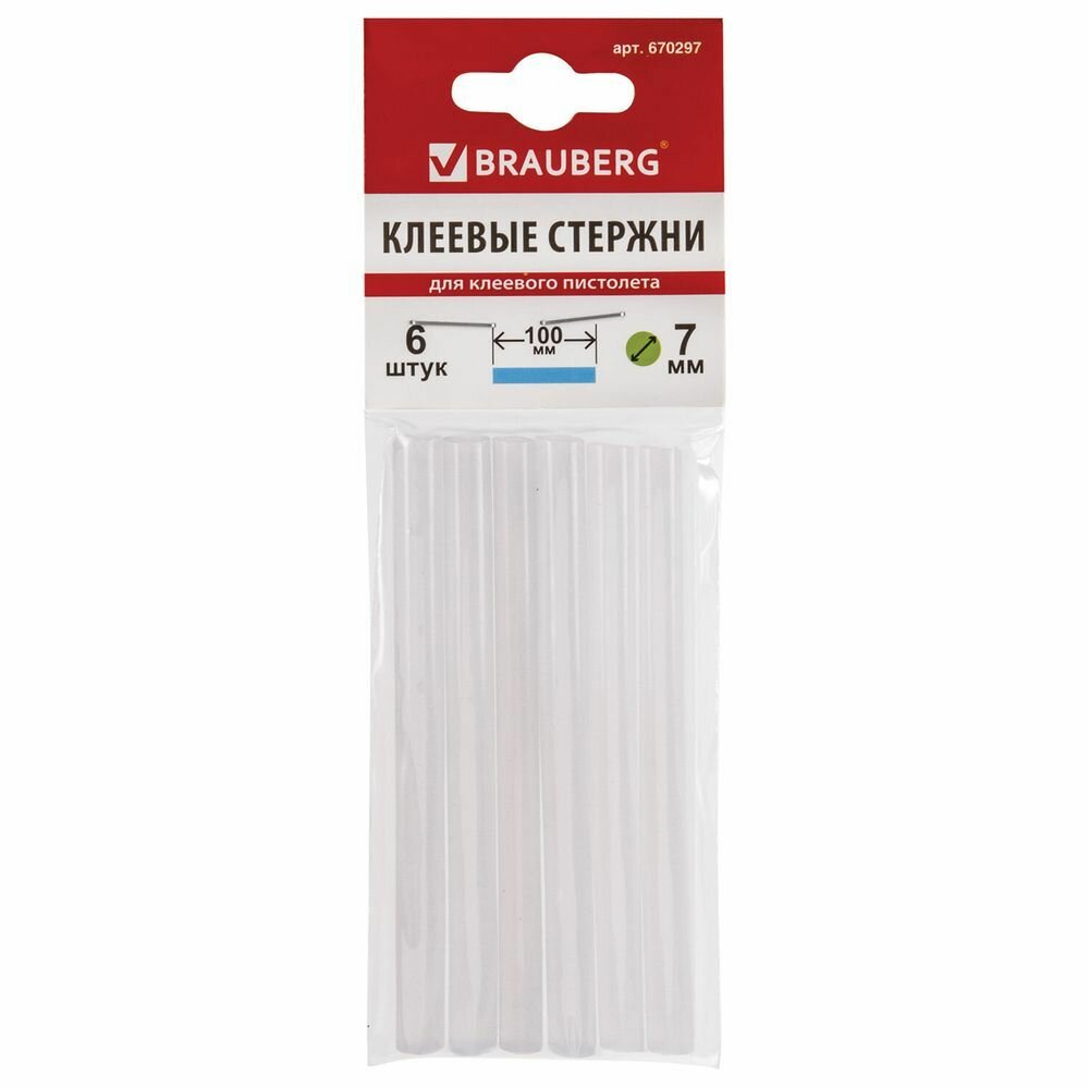 Клеевые стержни, диаметр 7 мм, длина 100 мм, белые, комплект 6 штук, BRAUBERG, европодвес (5 штук в упаковке)
