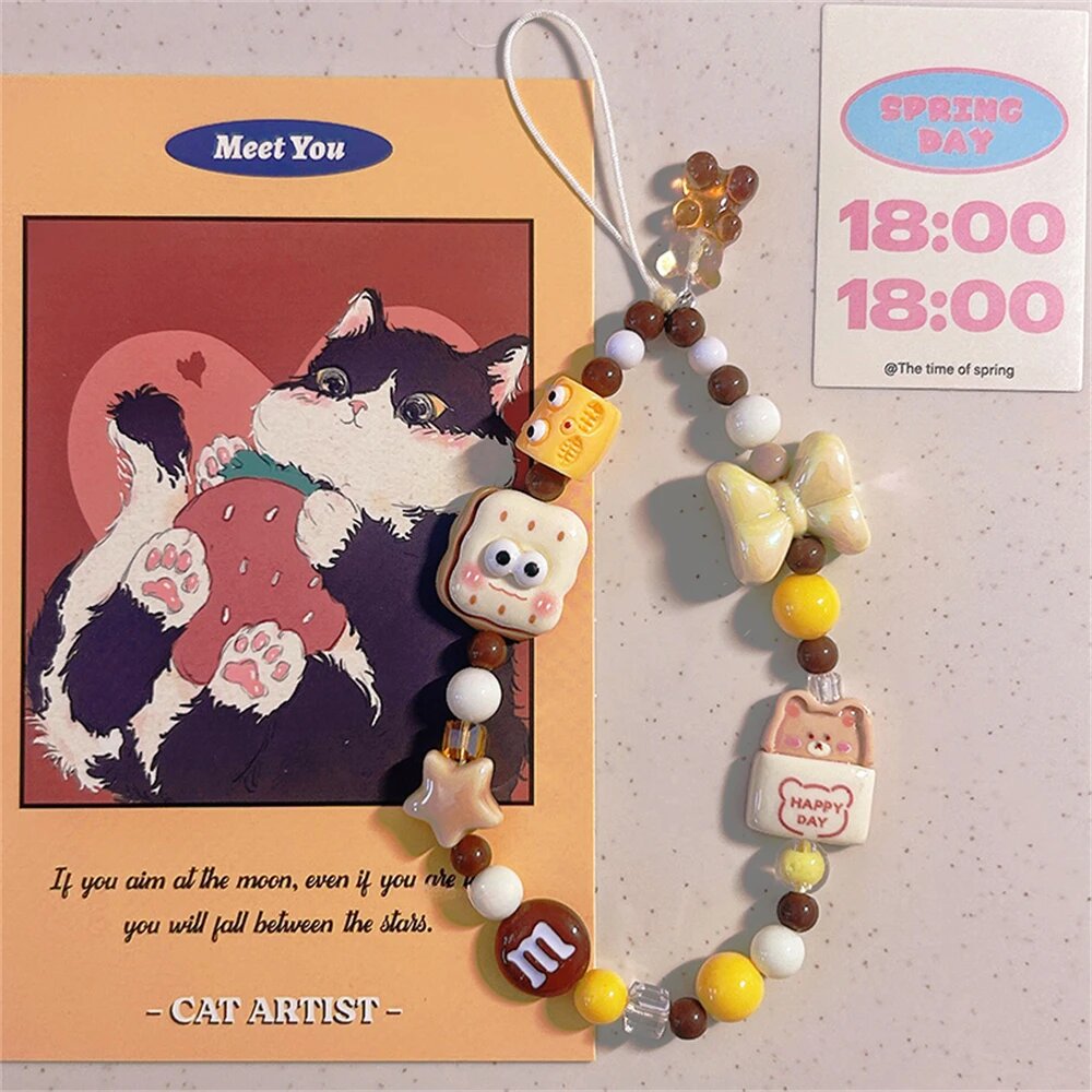 Забавный кулон в виде печенья и медведя, бант, милый брелок для ключей, цепочка для сумки, подвеска для iPhone, Samsung, Женские Ювелирные изделия, подвесная веревка