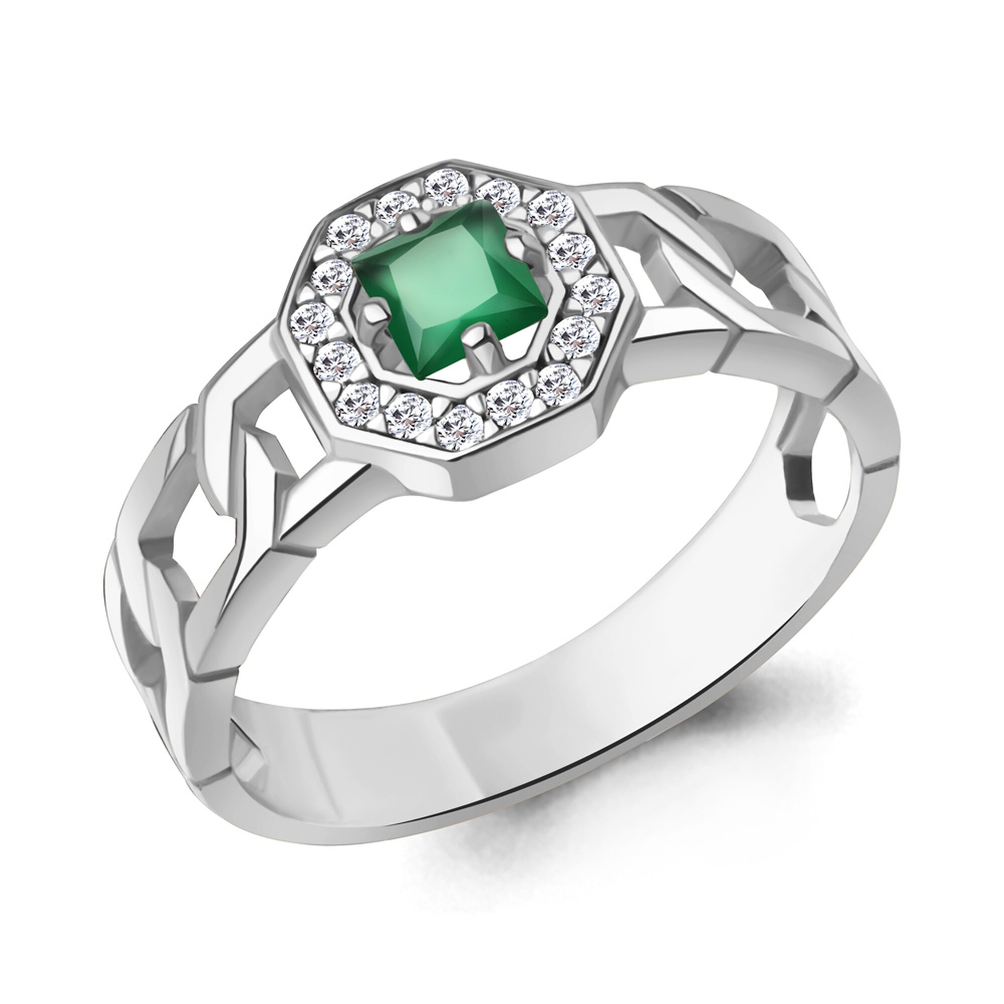 Кольцо, серебро, 925 проба, родирование, агат, фианит