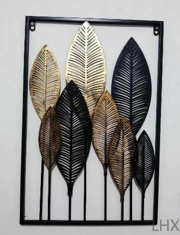 Декорация настенная интерьерная Листья, картина из металла, декор для дома из золота, чёрное панно на стену,