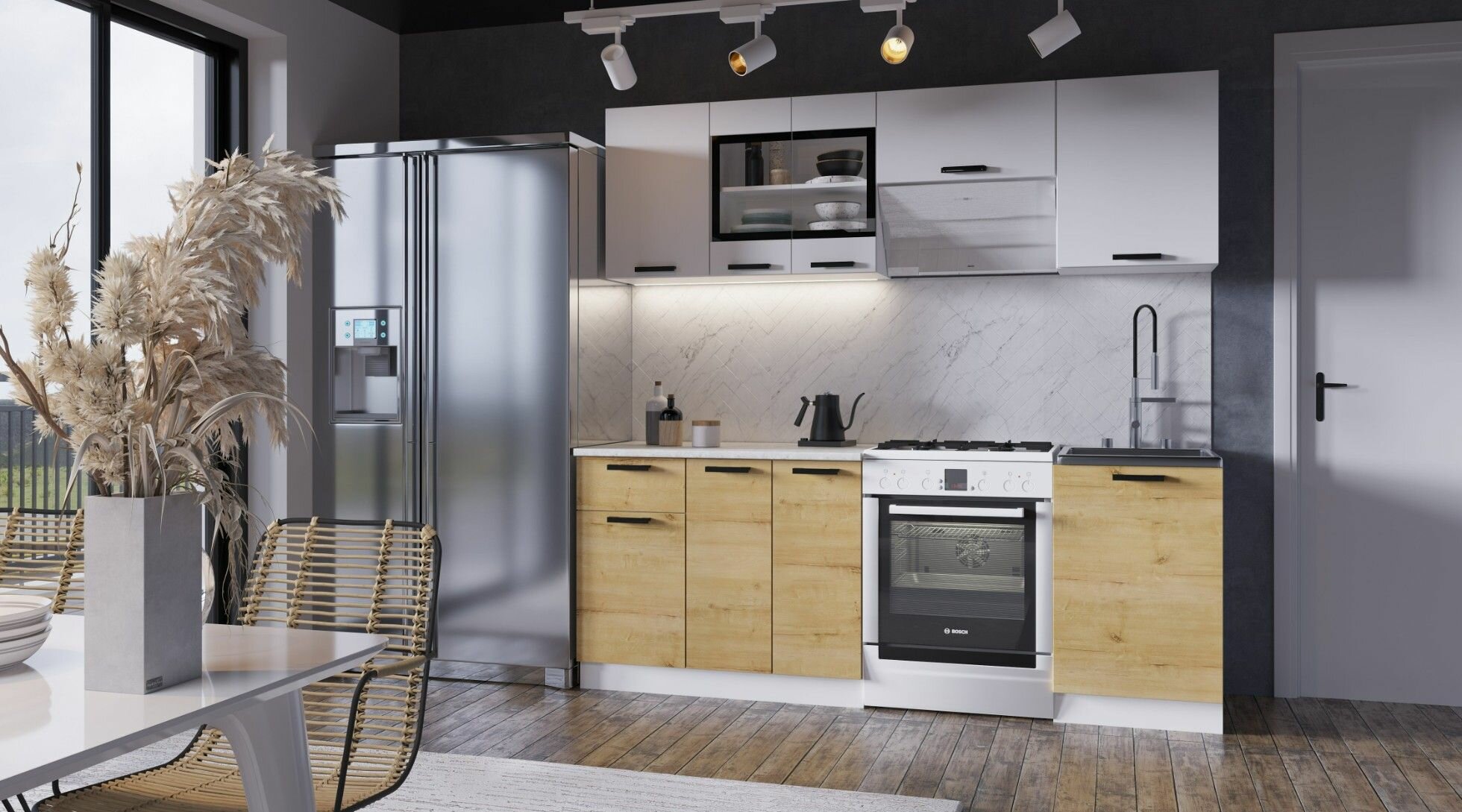 Кухонный гарнитур Хозяюшка 1.5 м + ГАЗ600 Белый гладкий/Дуб вотан