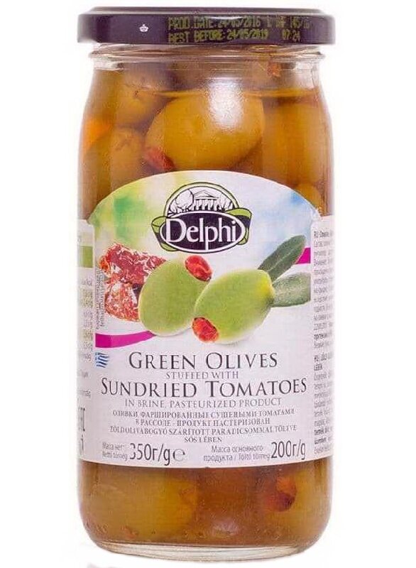 Оливки DELPHI фаршированые сушеными томатами в рассоле /стекло/ 350г