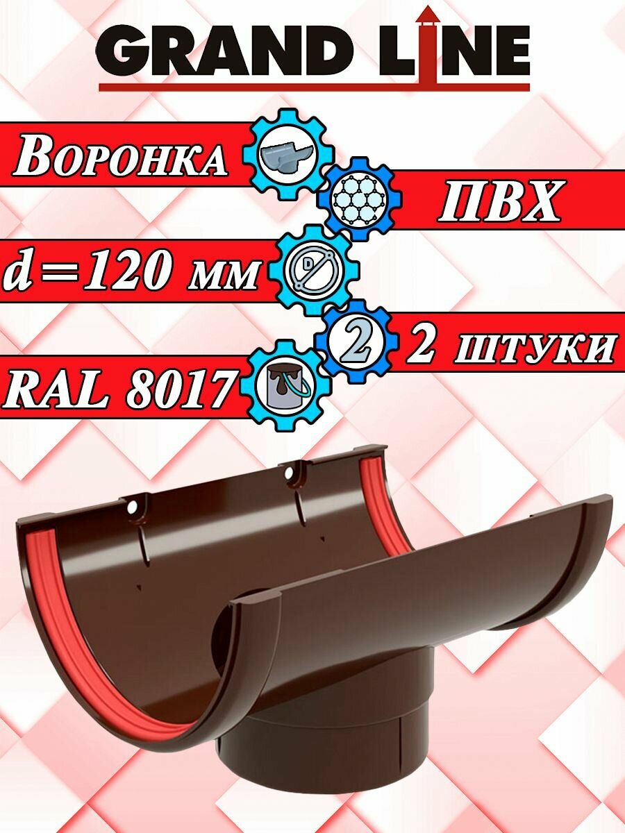 Воронка желоба 2 штуки Grand Line ПВХ коричневый RAL 8017 (d 120 мм) для водосточной системы Гранд Лайн (120/90), комплект элементов водостока для крыши