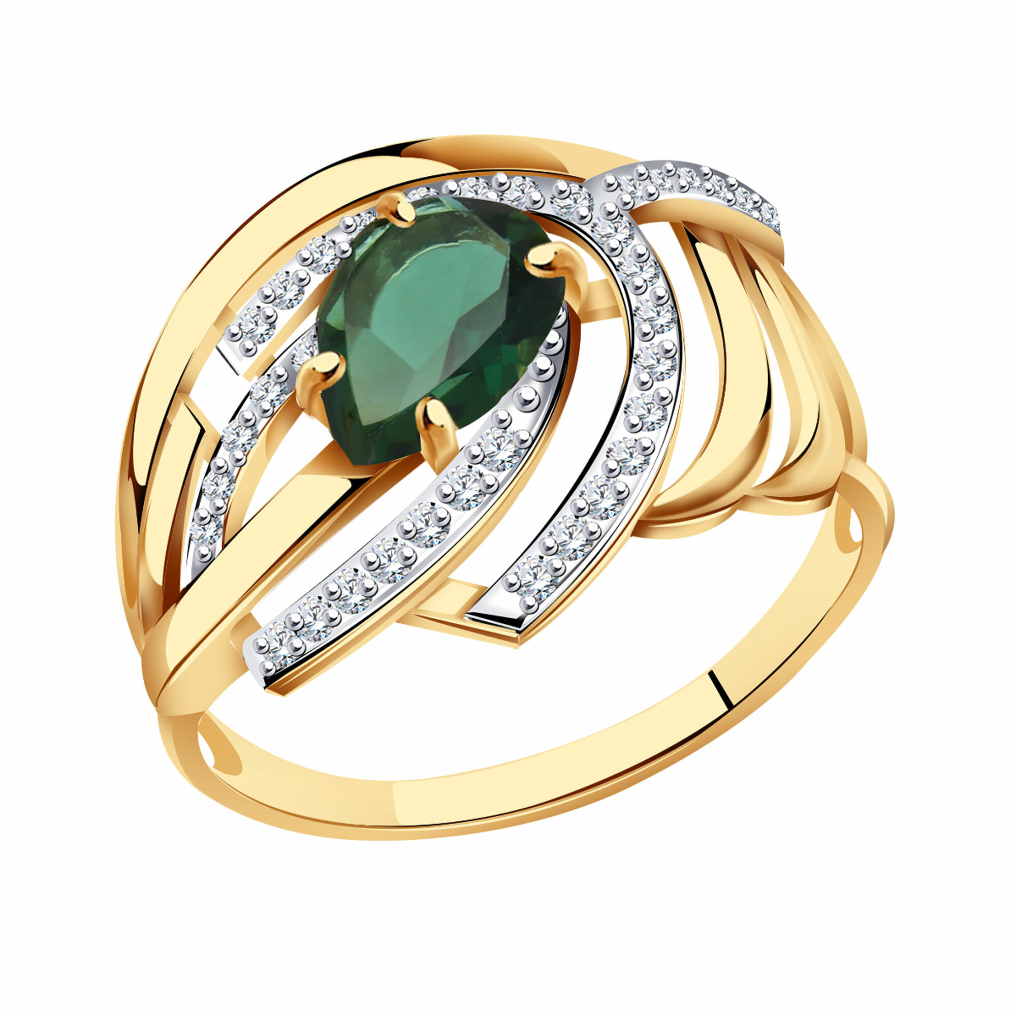 Кольцо широкое, красное золото, 585 проба, турмалин, фианит