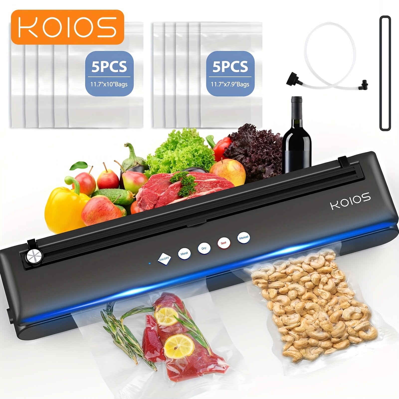 Вакуумный упаковщик KOIOS, автоматический упаковщик для продуктов с ножом, режимами сухой и влажной упаковки, компактным дизайном, мощной системой вакуумного уплотнения, 10 вакуумных пакетов и