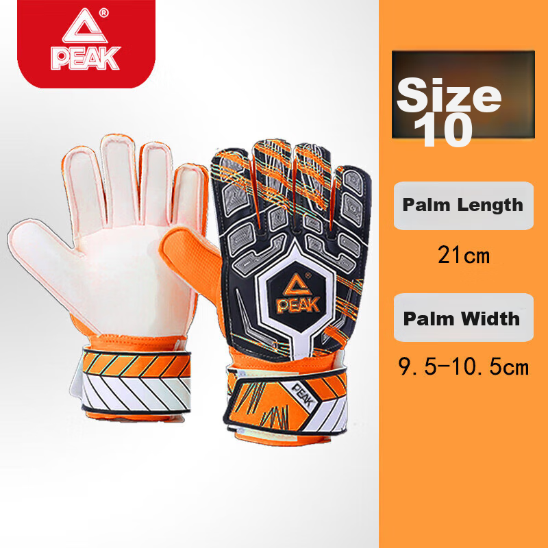 PEAK Goalkeeper Gloves with Finger Protection, Natural Latex, Non-Slip, Wear-Resistant, Shock-Absorbing, for Adults And Children, Professional Training Goalkeeper Gloves, Soccer Gloves, Goalkeeper Equipment, Orange, Size 10