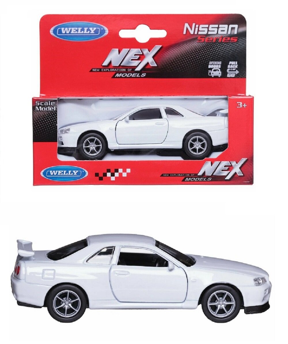 Модель машины Welly "Nissan Skyline GT-R R34", масштаб 1:38, пружинный механизм, белая