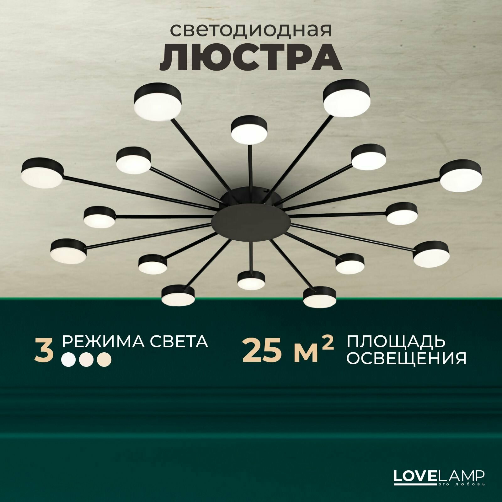 Светильник потолочный, люстра светодиодная Солнце, черная