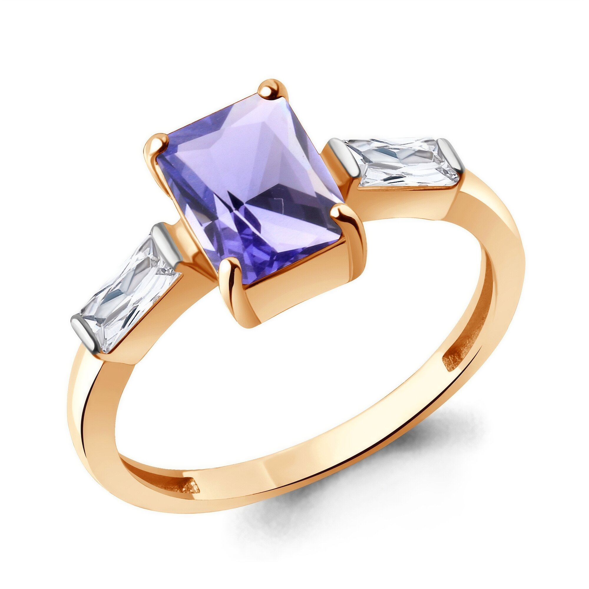 Кольцо, серебро, 925 проба, золочение, фианит, танзанит