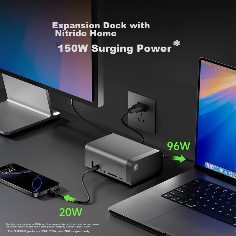 Belkin 11-In Expansion Dock for Apple Laptops, 150W GaN Fast Charging for Gaming Laptops, HDMI Screen Mirroring, Gigabit Ethernet