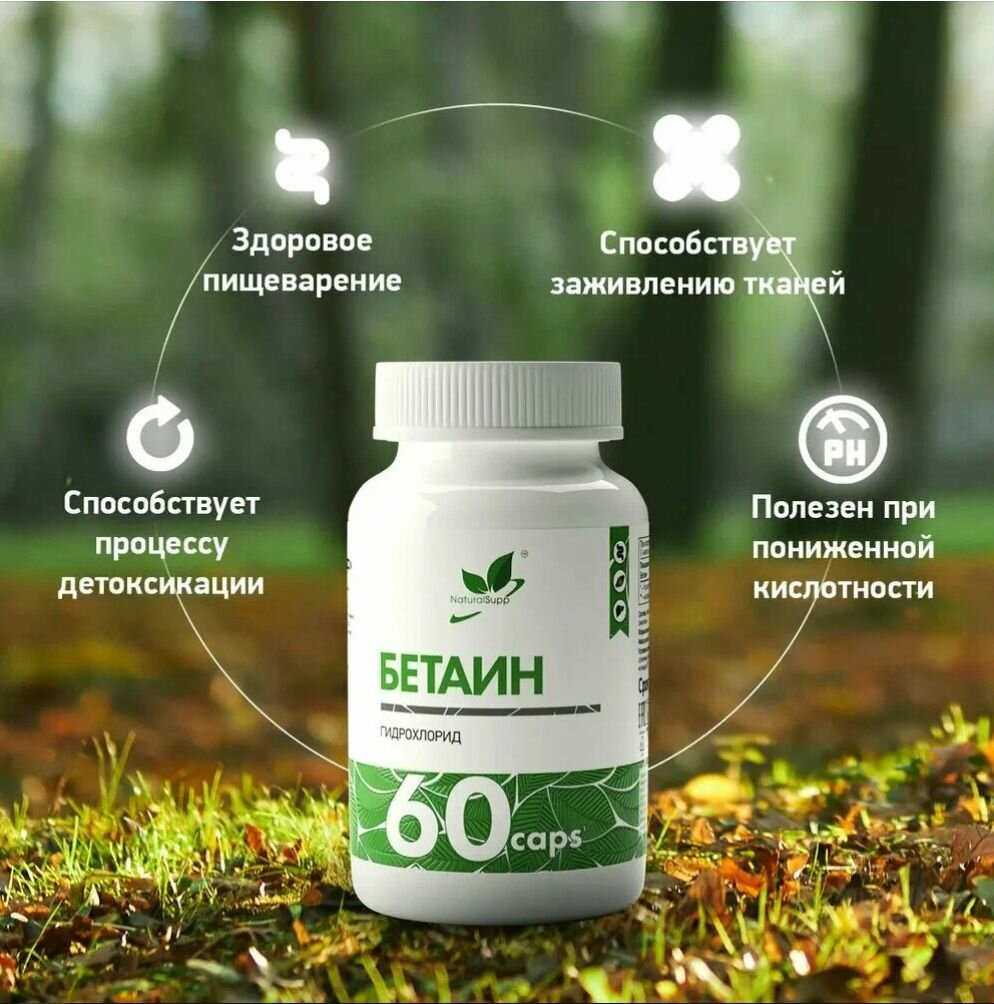 Бетаин Natural Supp Betaine HCL 60 капсул по 600 мг Триметилглицин TMG