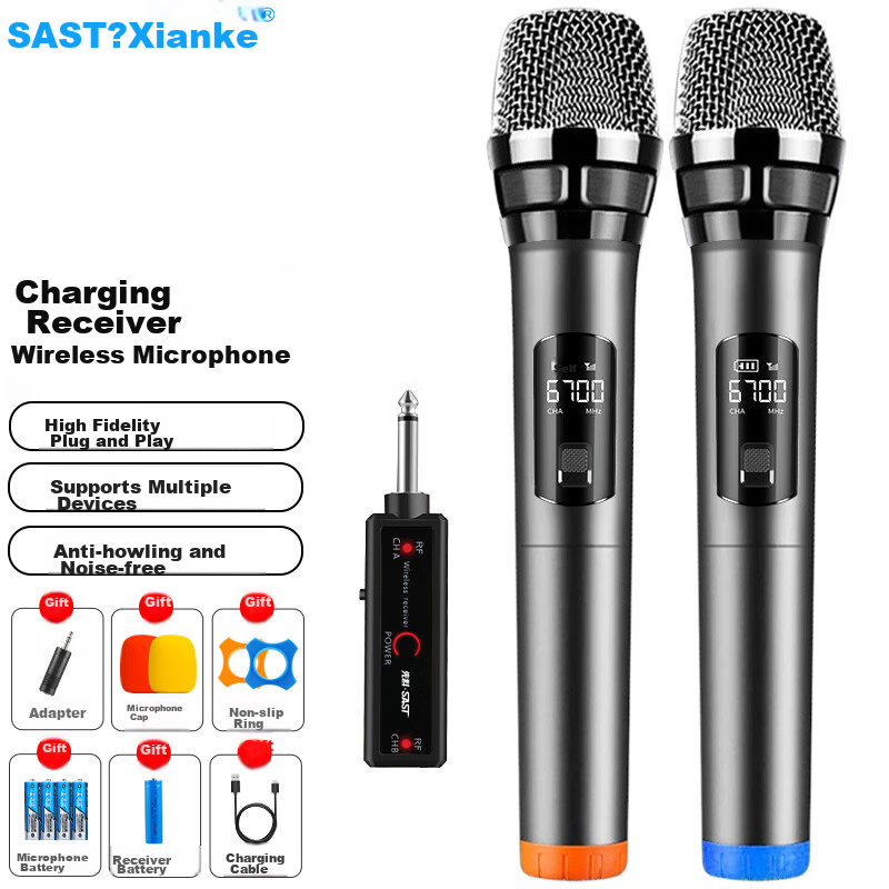 SAST Wireless Microphone System, Dual-Channel Universal Microphone, for Home KTV, Singing, Speech, Stage Performance, Karaoke, Meetings, Speaker, Amplifier, TV, Car-Mounted, 92A Rechargeable Receiver