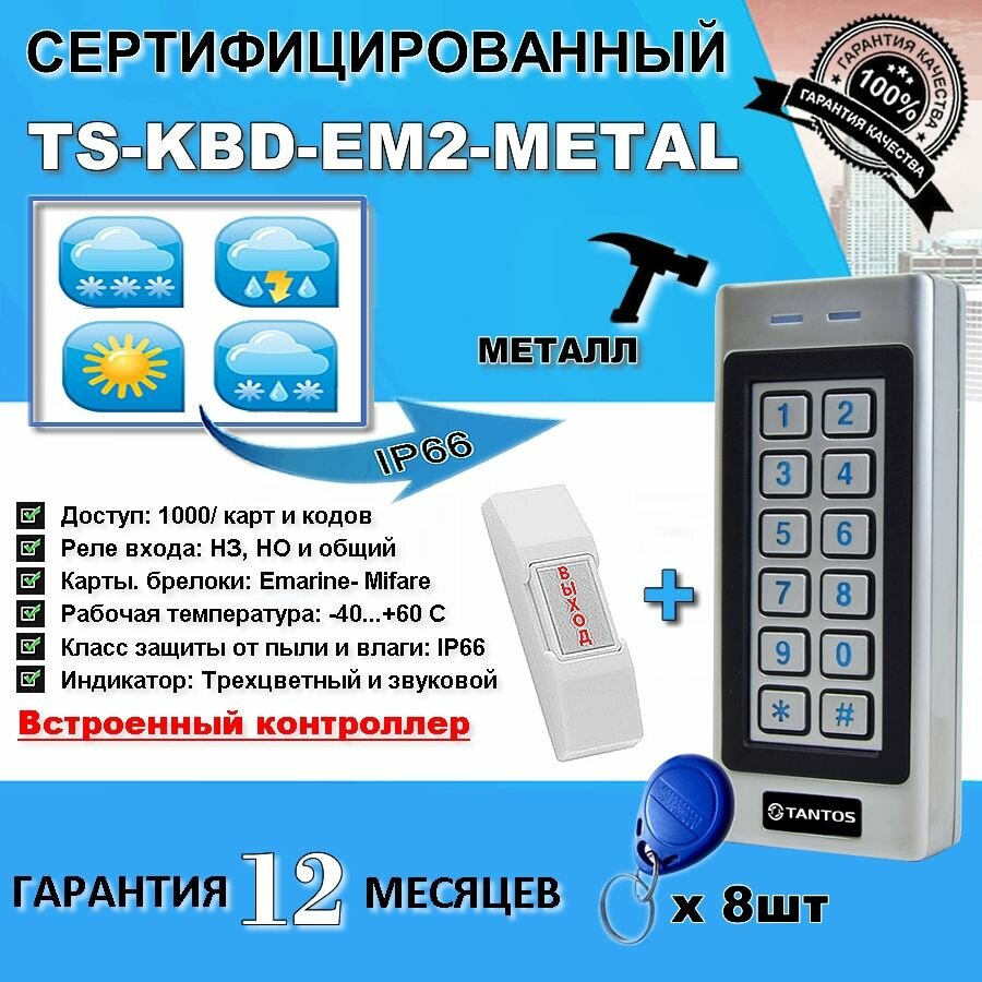 Кодовая панель TS-KBD-EM2 Metal с кнопкой для доступа СКУД