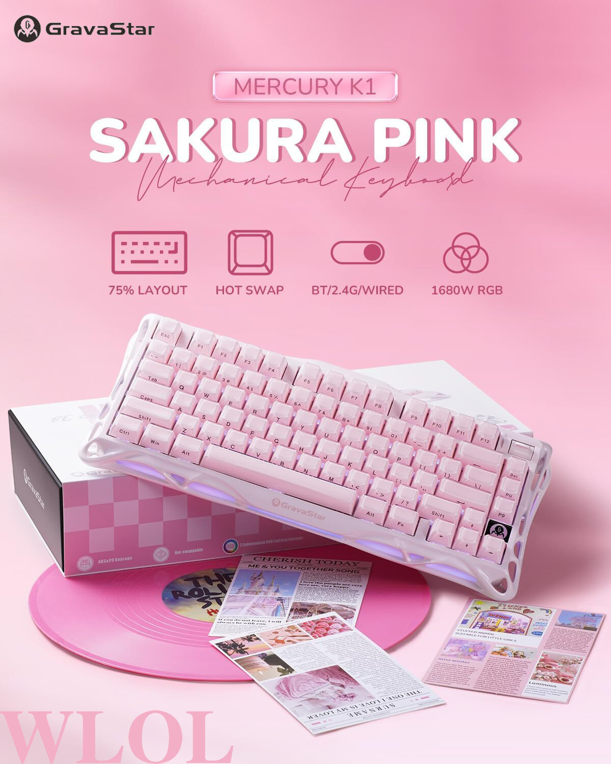 GravaStar Mercury K1 75% розовая беспроводная, механическая игровая клавиатура из алюминиевого сплава в форме экзоскелета, прокладка для горячей замены разъема, линейные переключатели, RGB-подсветка