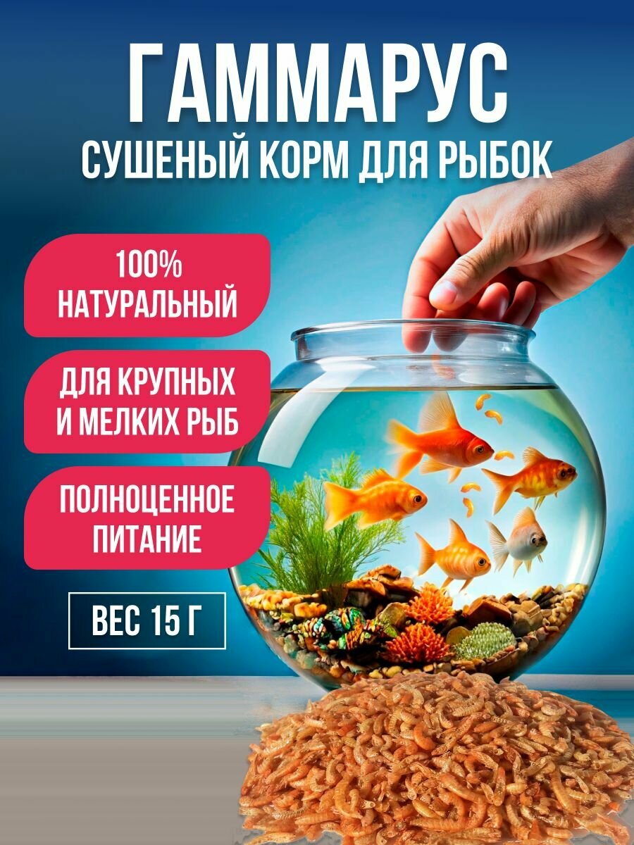 Корм для аквариумных рыбок "Гаммарус", для черепах, рептилий, 15г / Витамины для рыб, сушеный озерной рачок