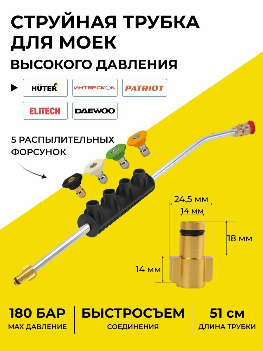 Угловая насадка на пистолет для мойки высокого давления Huter (Хутер), Daewoo, Интерскол, струйная трубка копье с распылительными форсунками