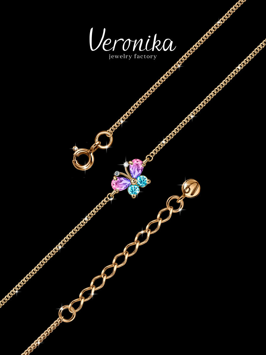 Браслет-цепочка, серебро, 925 проба, золочение, фианит, кварц синтетический