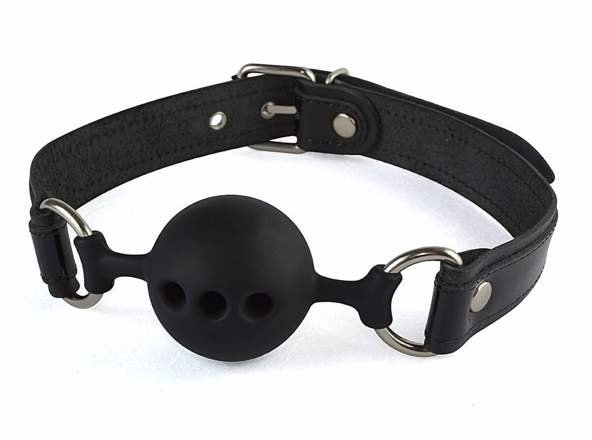 Силиконовый кляп-шар с ремешками из натуральной кожи, черный, регулируемый