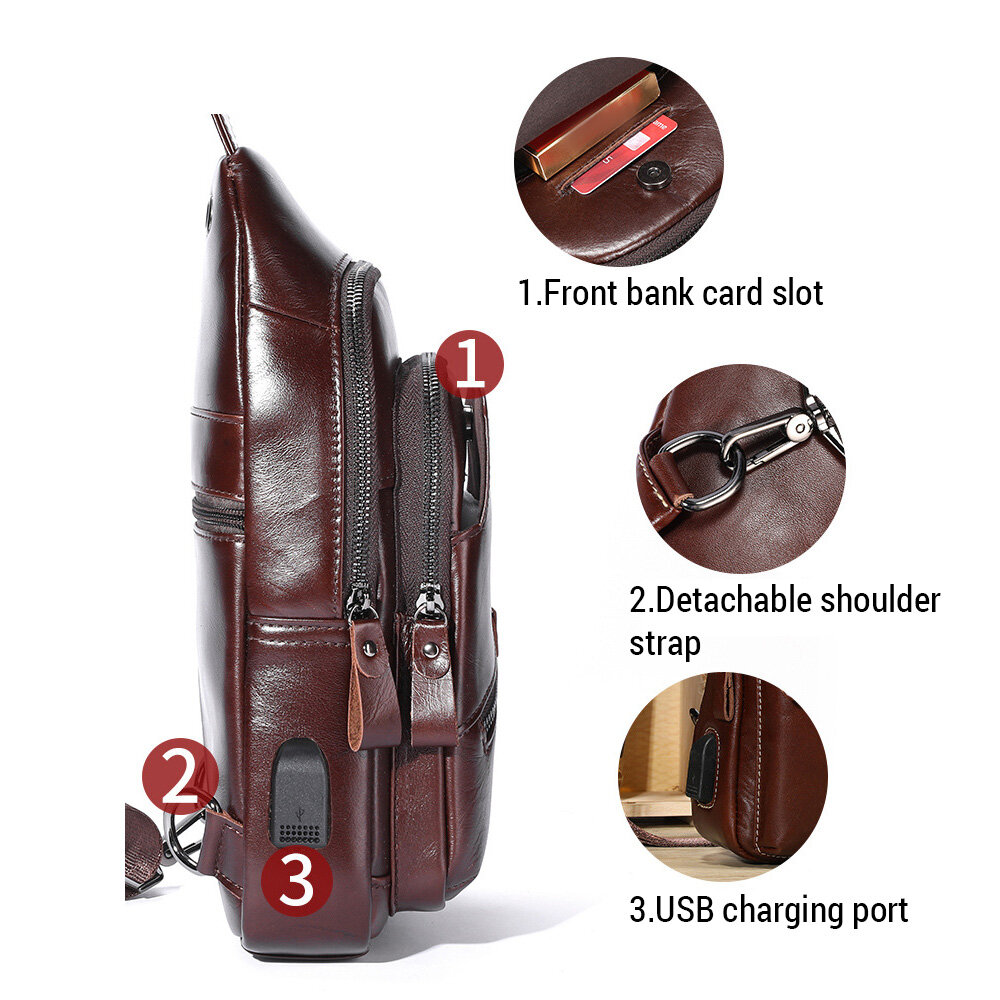 Сумка-слинг из натуральной кожи, мужская сумка через плечо, многокарманная нагрудная сумка с портом USB для зарядки